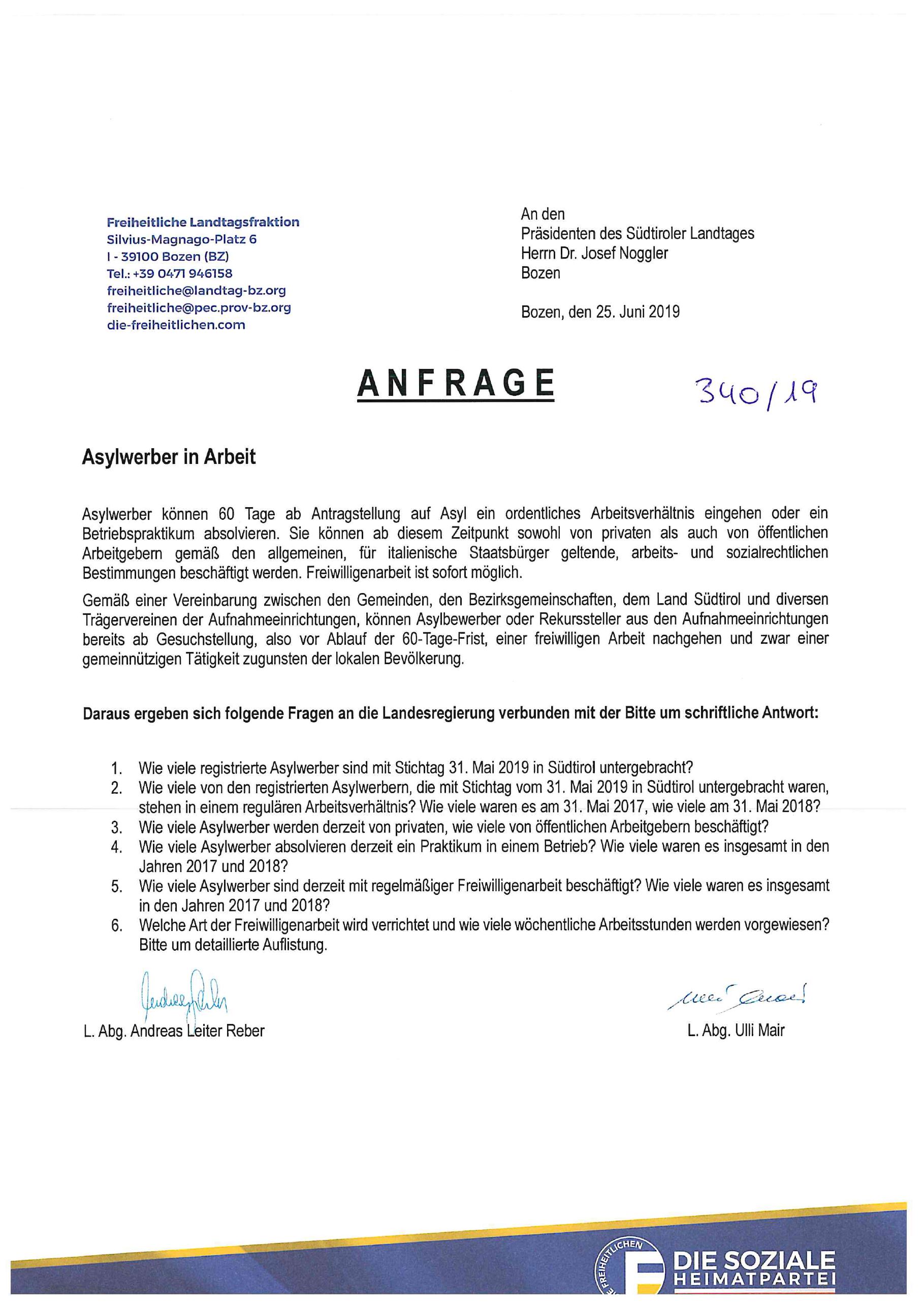 Anfrage | Asylwerber in Arbeit | Die Freiheitlichen