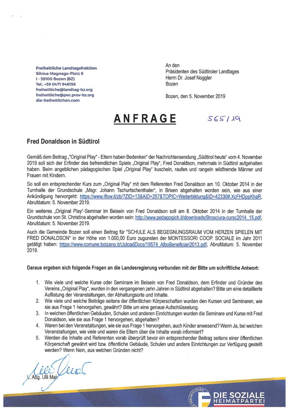 Anfrage | Fred Donaldson in Südtirol | Die Freiheitlichen