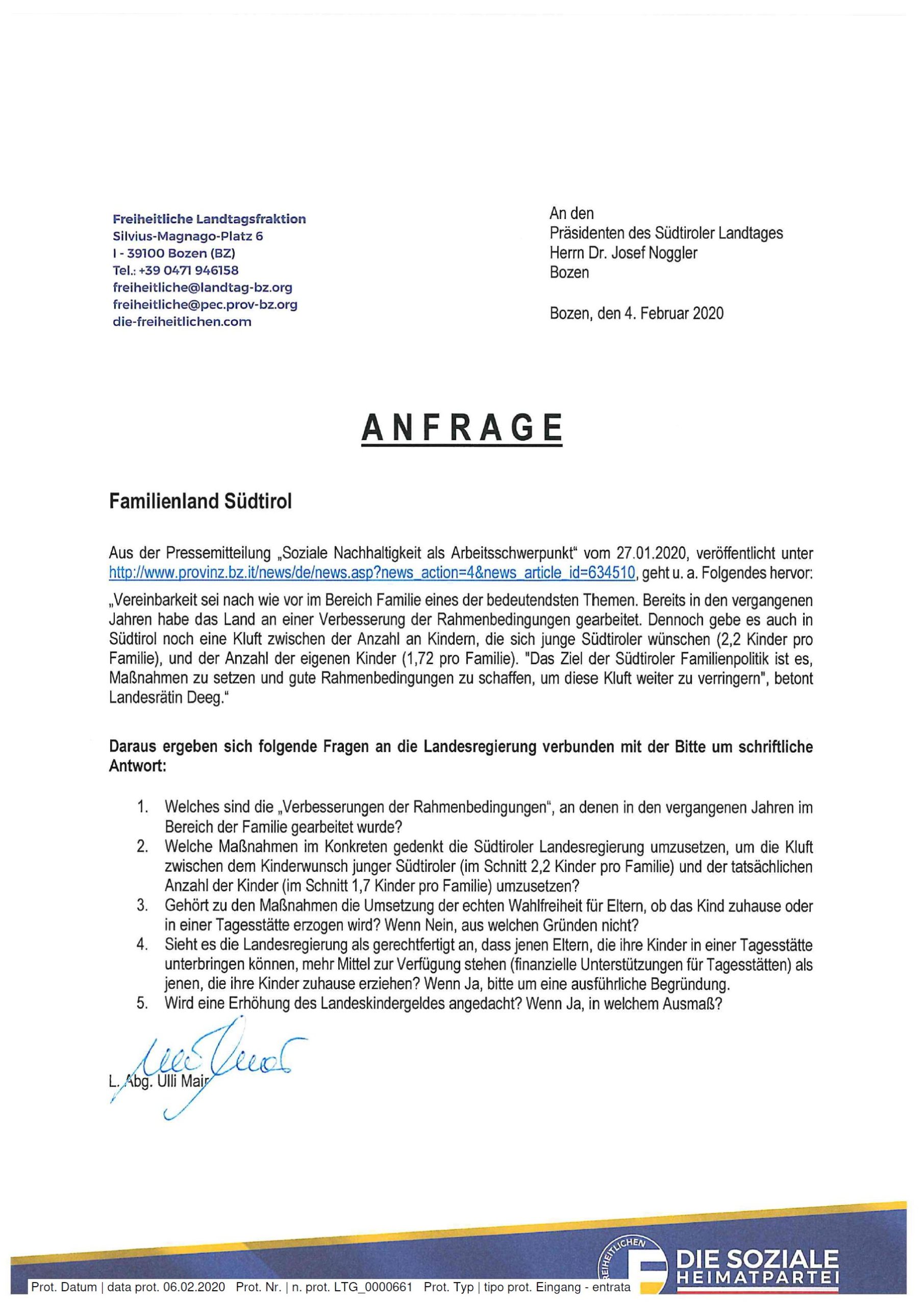 Anfrage | Familienland Südtirol | Die Freiheitlichen