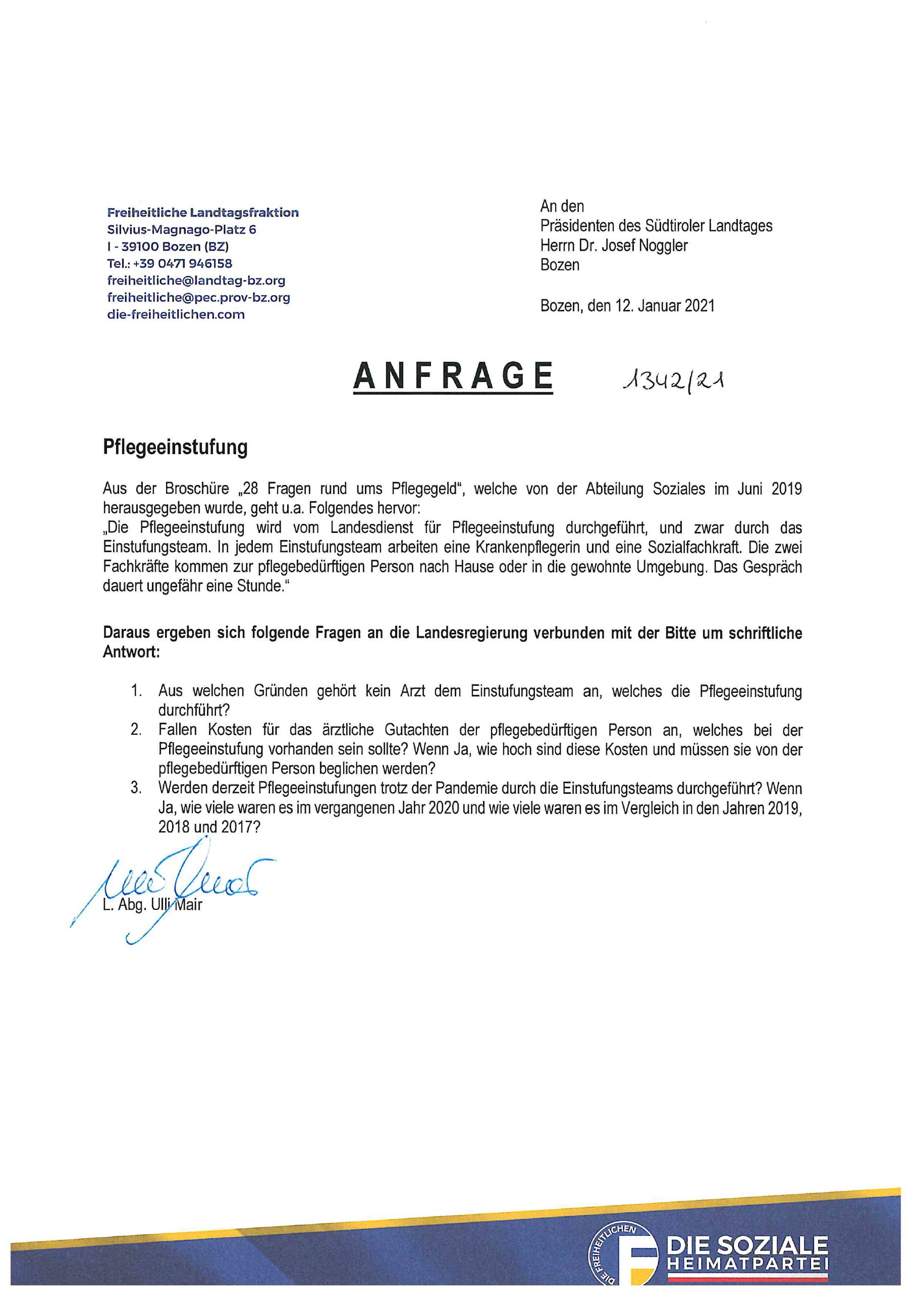 Anfrage | Pflegeeinstufung | Die Freiheitlichen