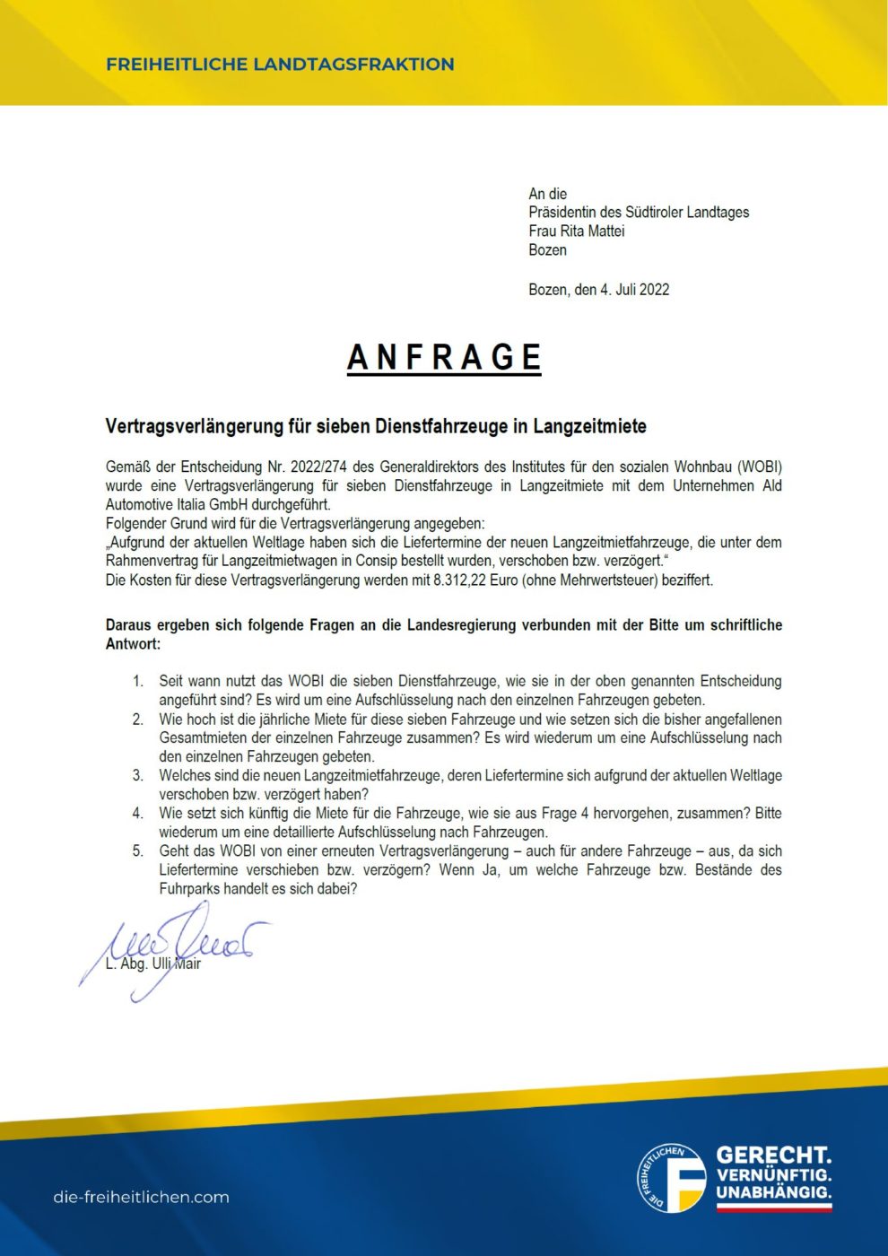 Anfrage | Vertragsverlängerung für sieben Dienstfahrzeuge in ...